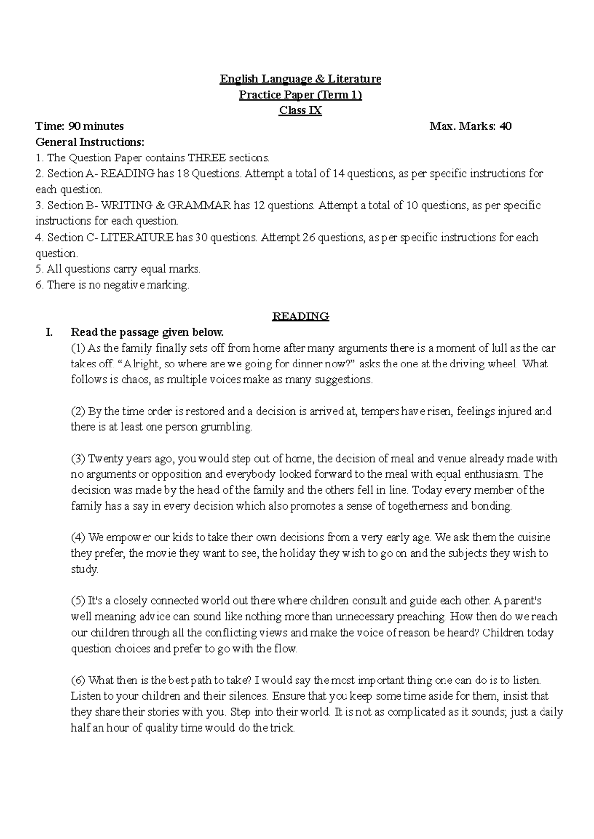 Class 9English Practicepaper 01 - English Language & Literature ...