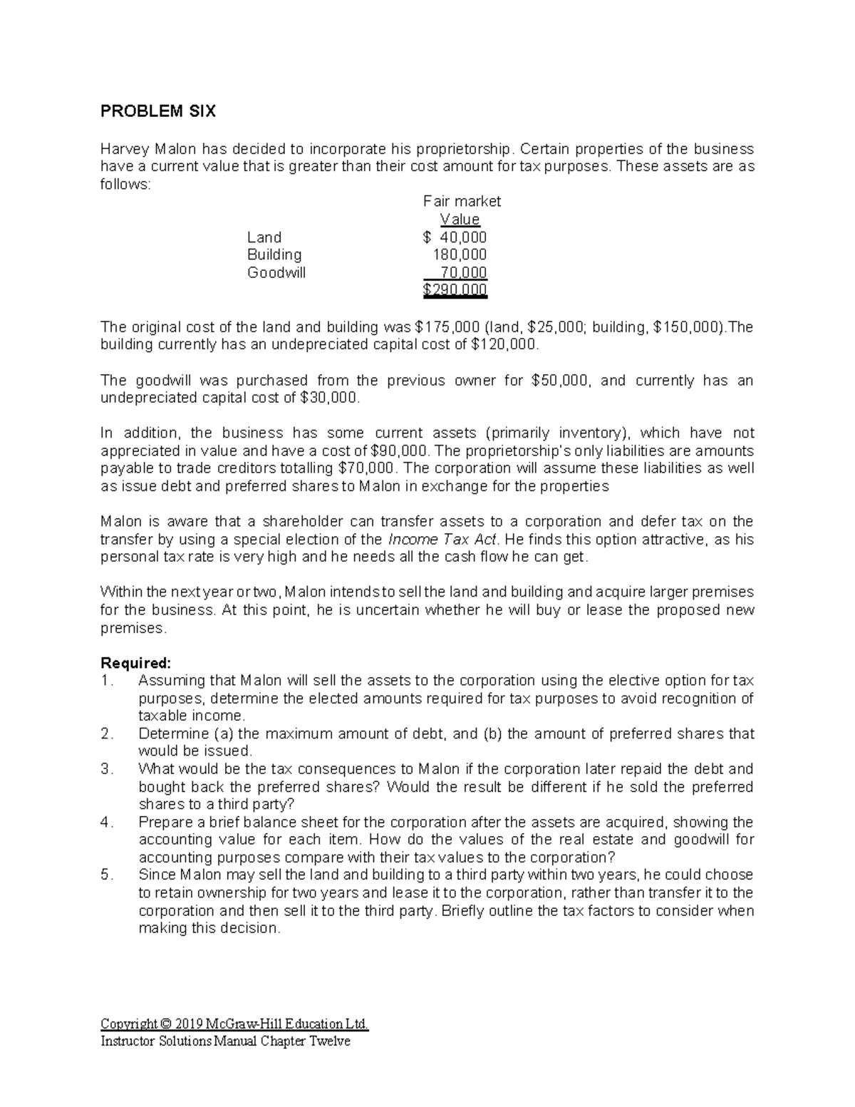 textbook Problem 12-6 - Copyright © 2019 McGraw-Hill Education Ltd ...