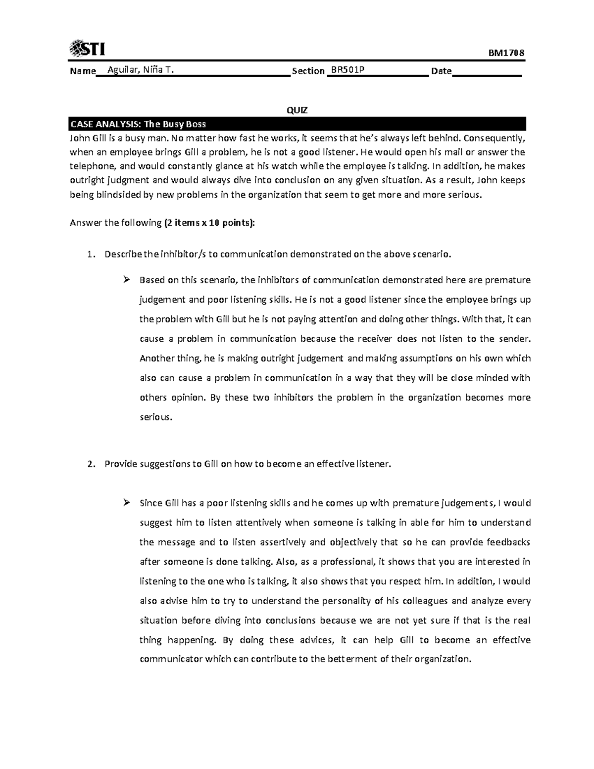 08 Quiz 1 Answer - Quality management - Name Section Date QUIZ CASE ...
