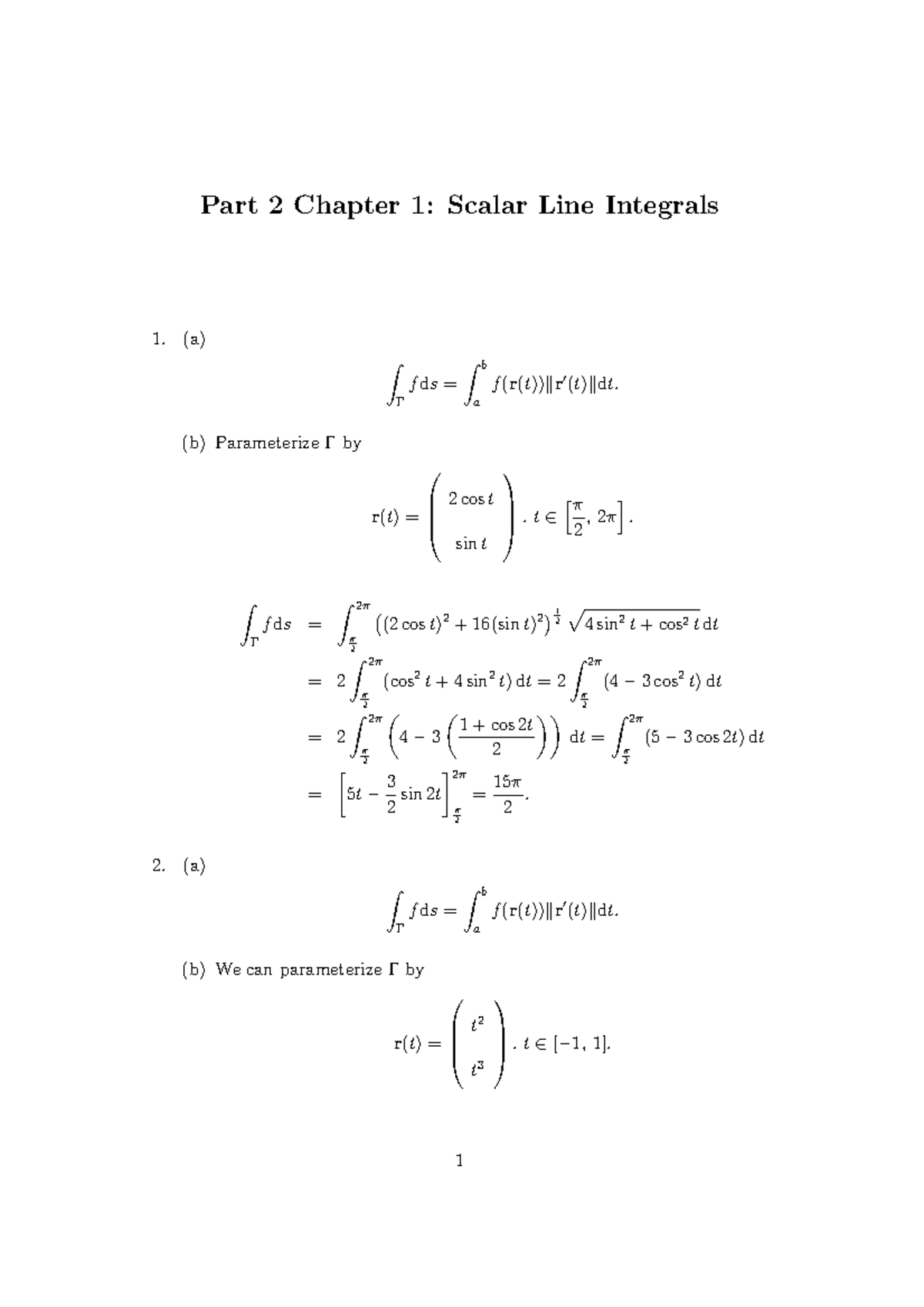Scalar Line Integrals Lecture Notes 1 Part 2 Chapter 1 Scalar Line