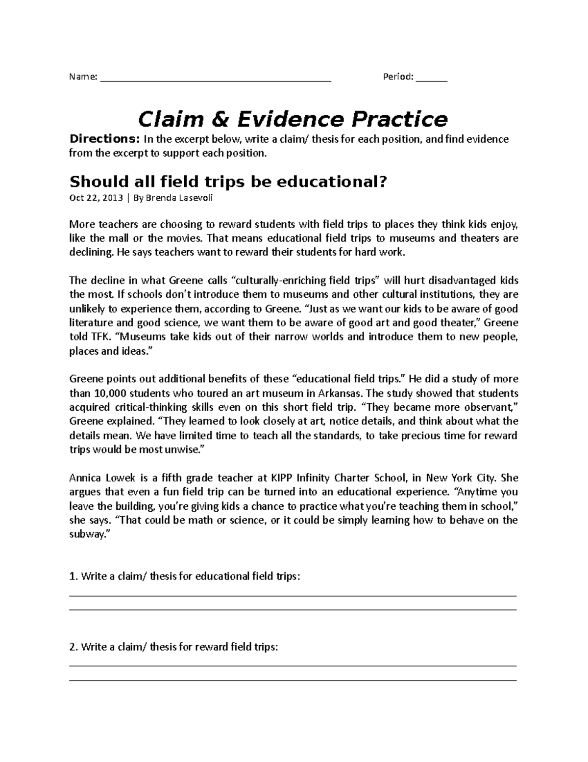 Claim and Evidence Practice - Name ...