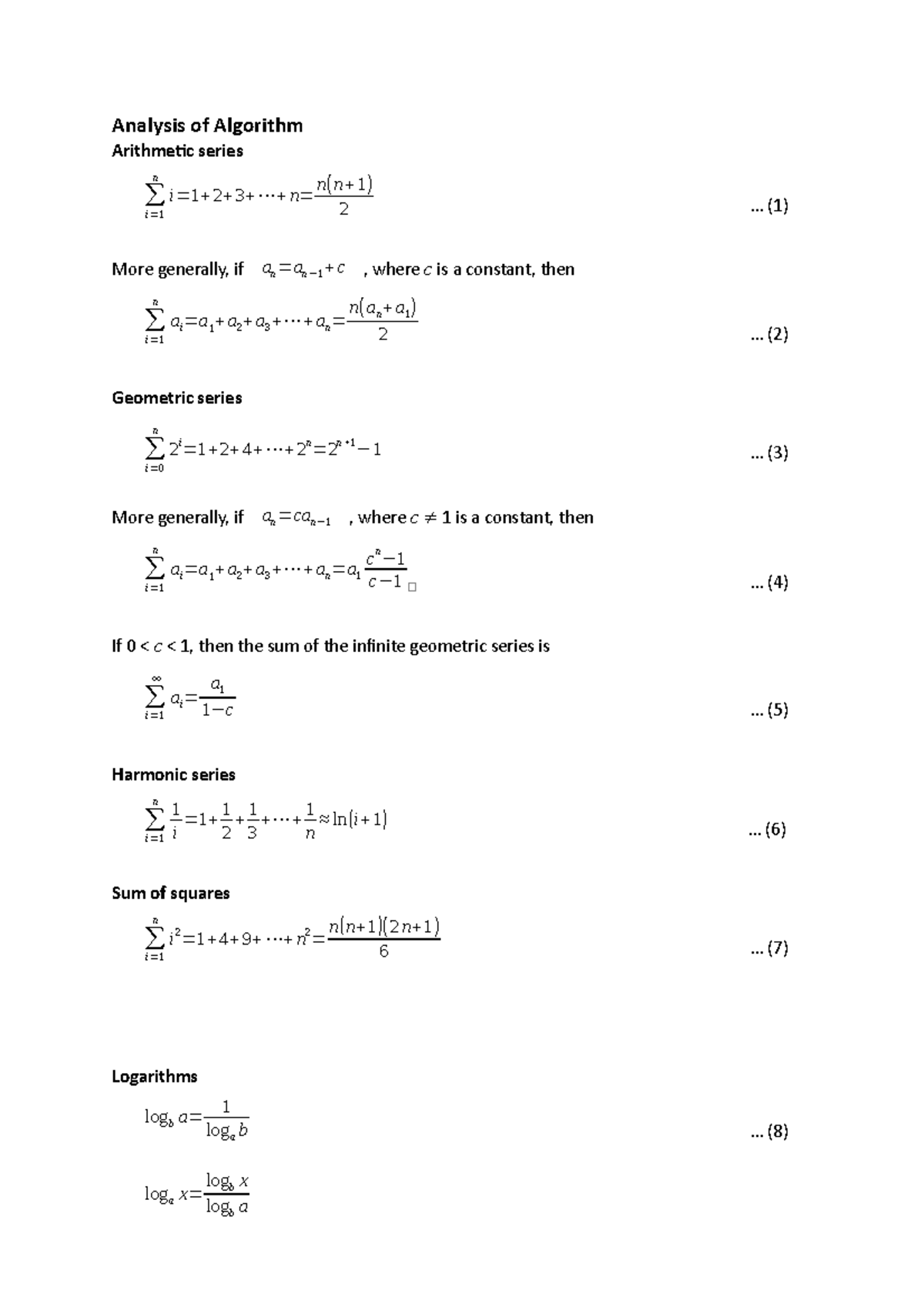 Analysis of algorithms useful equalities - Analysis of Algorithm ...