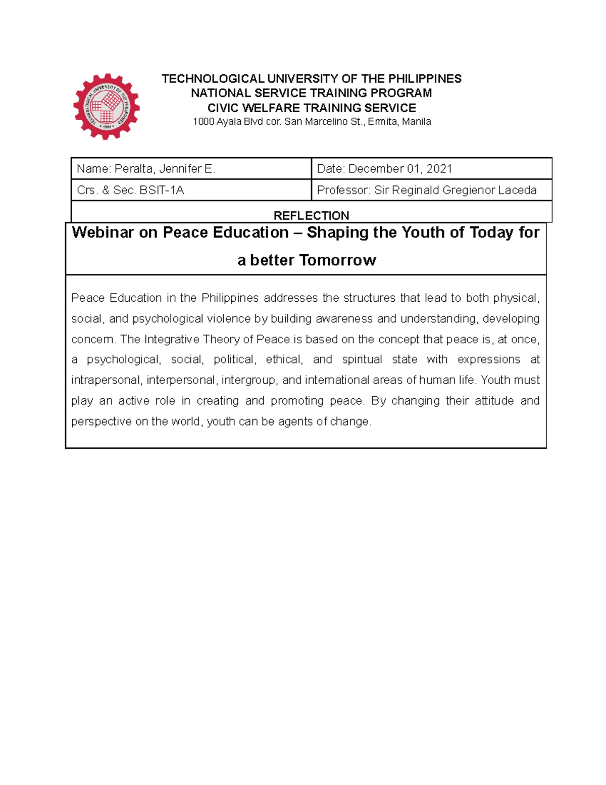 Reflection-Webinar- Peace - TECHNOLOGICAL UNIVERSITY OF THE PHILIPPINES ...