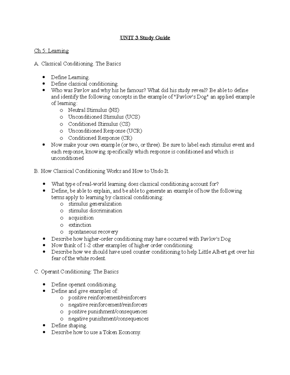 UNIT 3 Study Guide Fall 2023 - UNIT 3 Study Guide Ch 5: Learning A ...