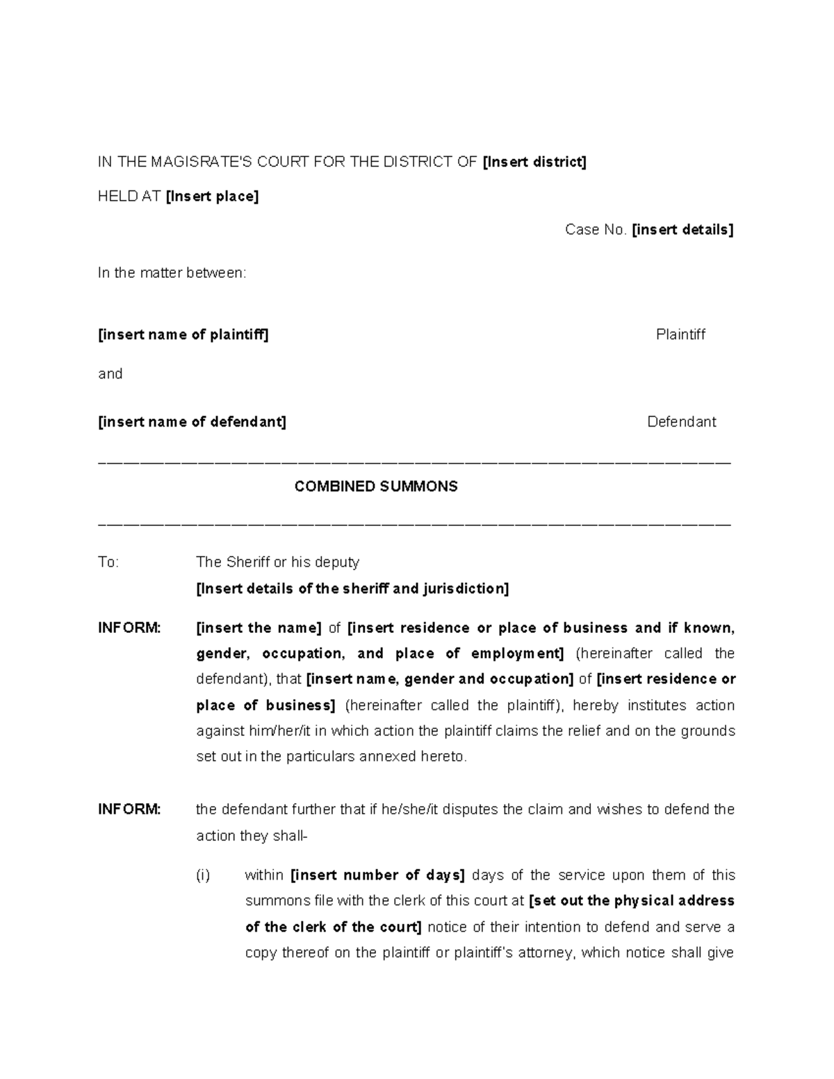 Magistrates Court combined summons - IN THE MAGISRATE'S COURT FOR THE ...