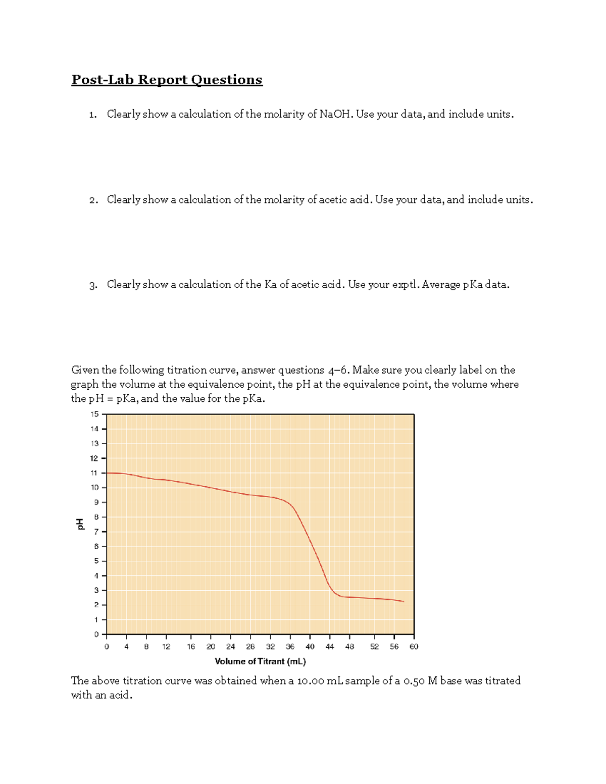 Post lab 7 - POST LAB 7 - Post-Lab Report Questions Clearly show a calculation of the molarity ...