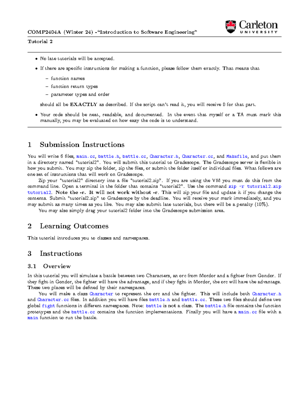 Tutorial 2 - COMP2404A (Winter 24) -“Introduction to Software Engineering” Tutorial 2 No late ...