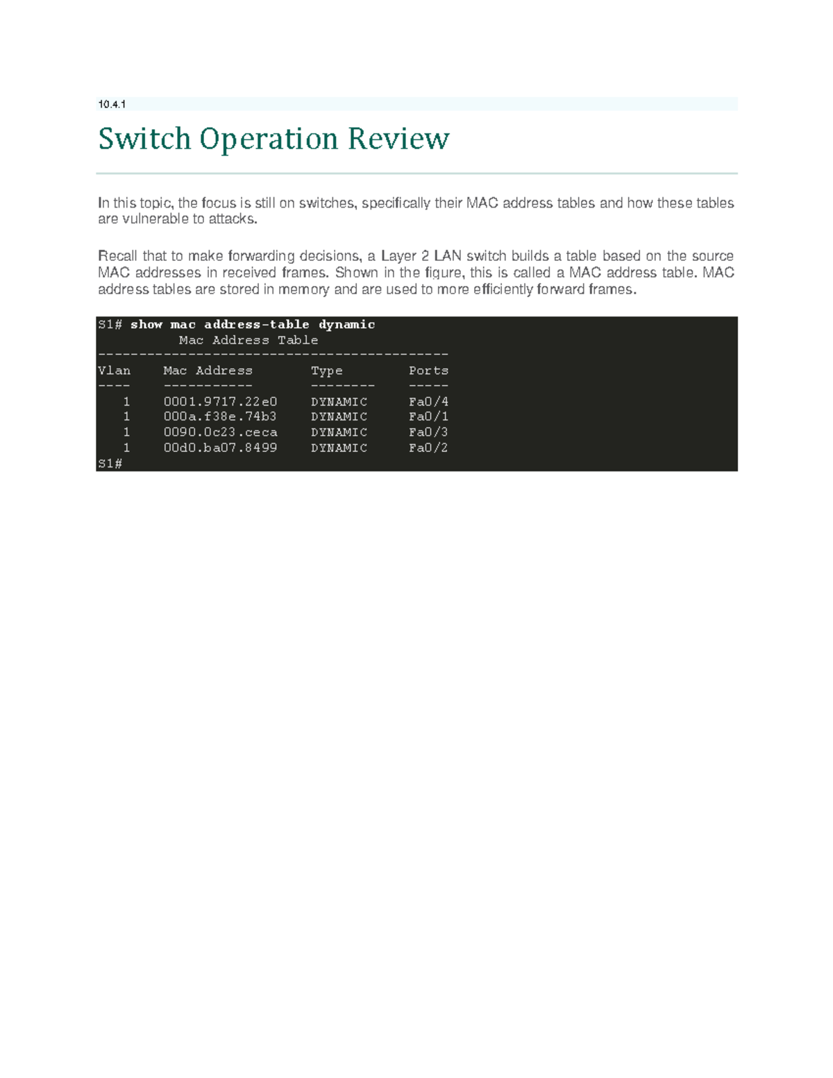 10.4.1 Switch Operation Review - 10. Switch Operation Review In this ...