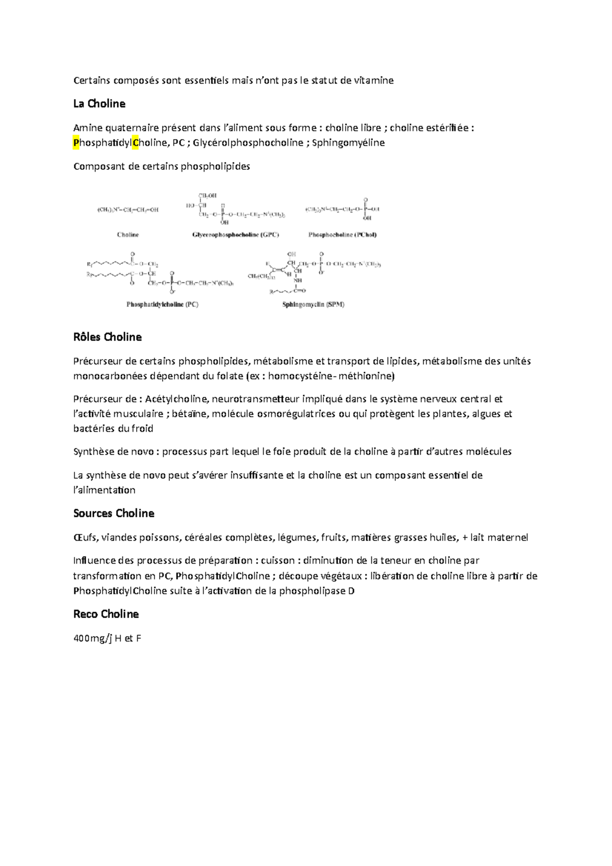 Choline nut et diet résumé - Certains composés sont essentiels mais n ...