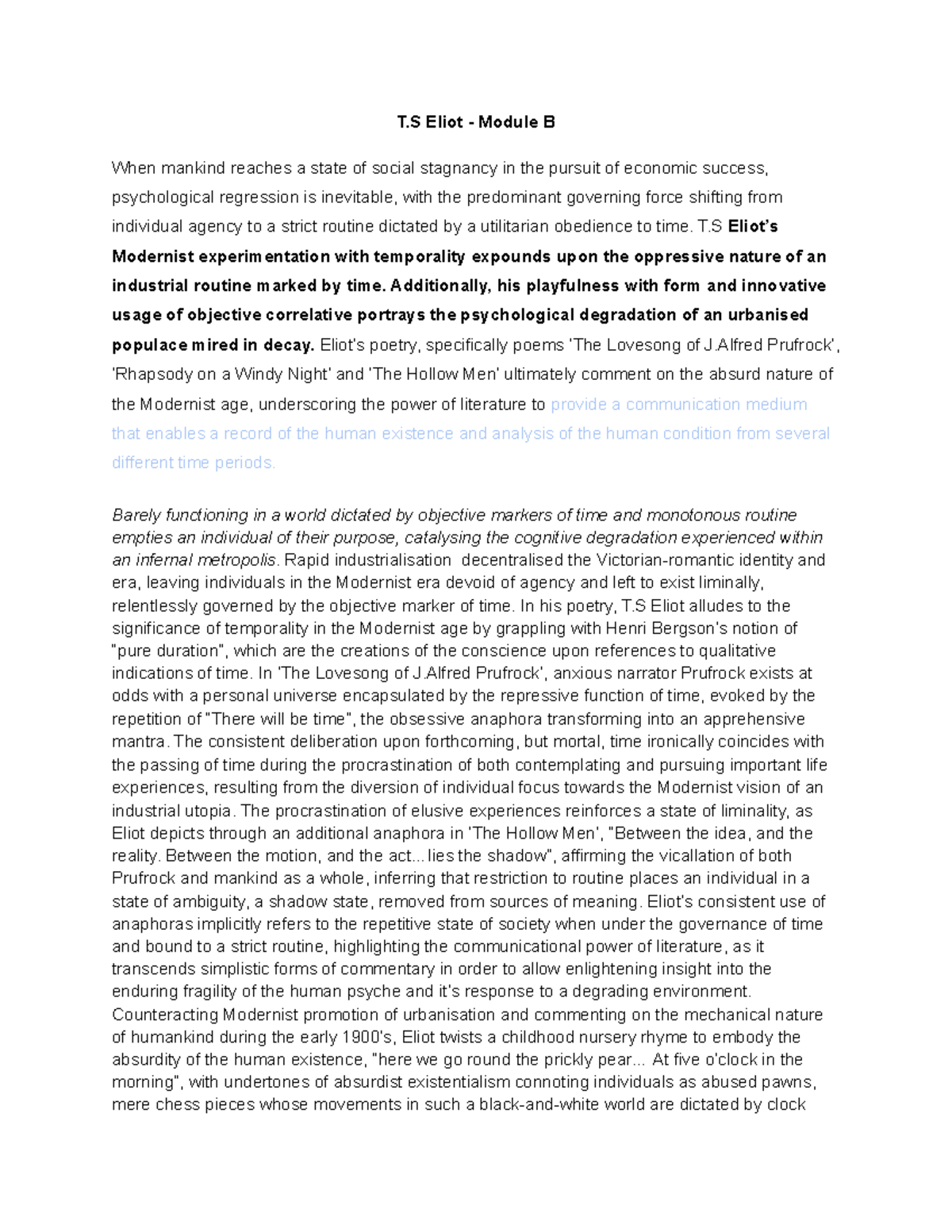 T.S Eliot - Module B - Essay that was graded by teacher as a 19/20 ...