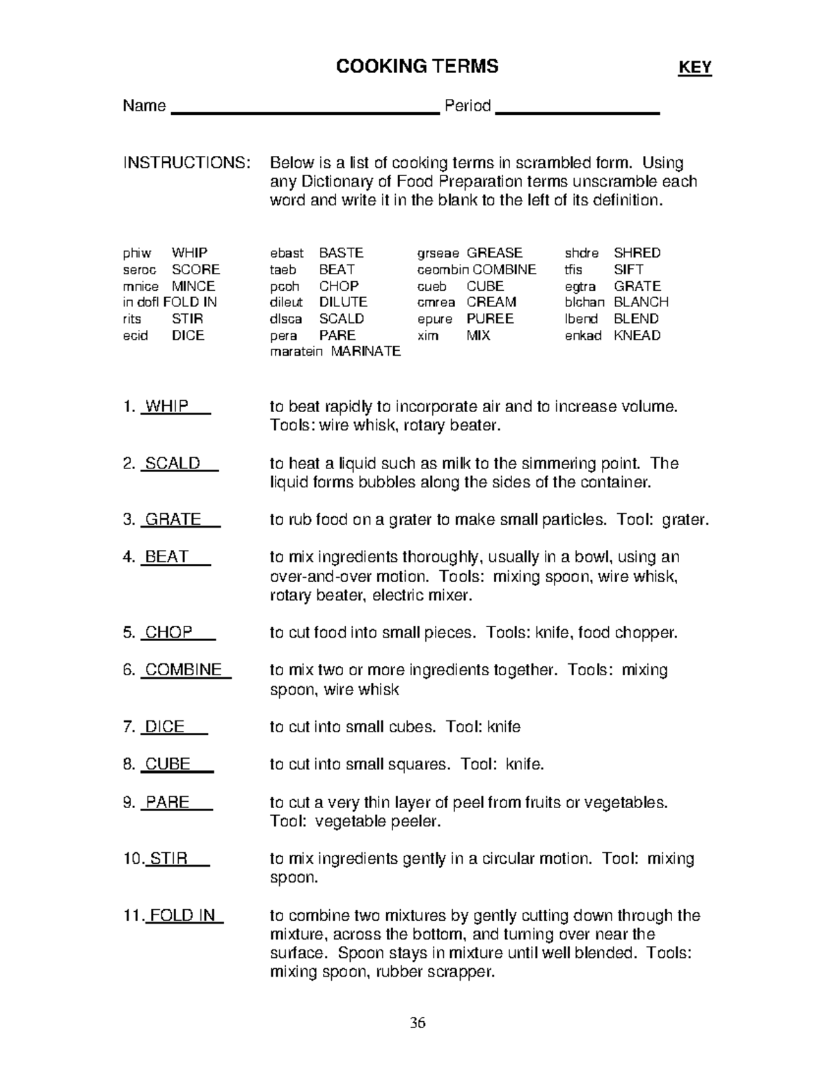 Cooking terms key - lol - 36 COOKING TERMS KEY Name Period ...