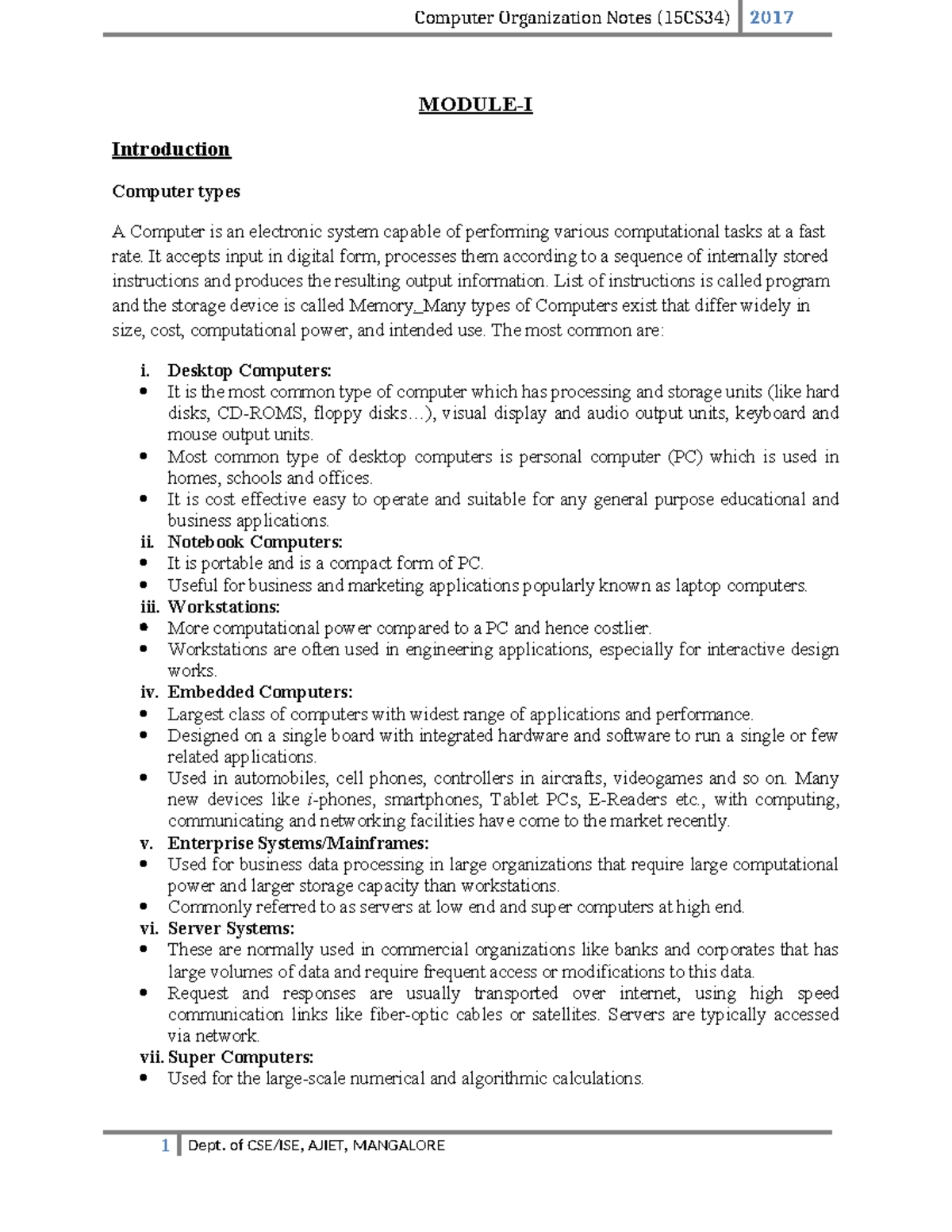 COModule - modules description - MODULE-I Introduction Computer types A ...