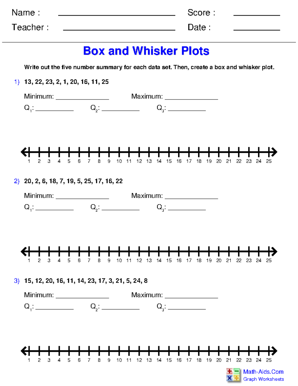 Graphing box Whisker Plots 2 - Write out the five number summary for each data set. Then, create ...