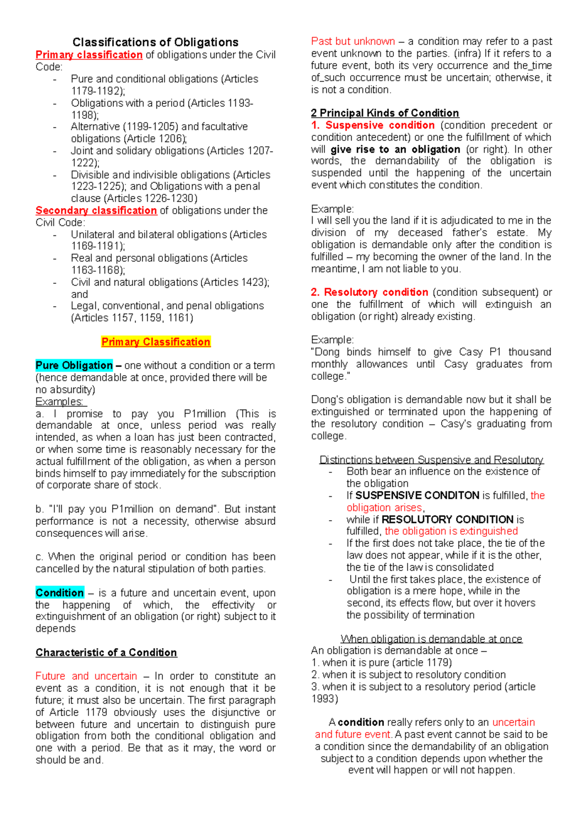 Classifications of Obligations - I promise to pay you P1million (This ...