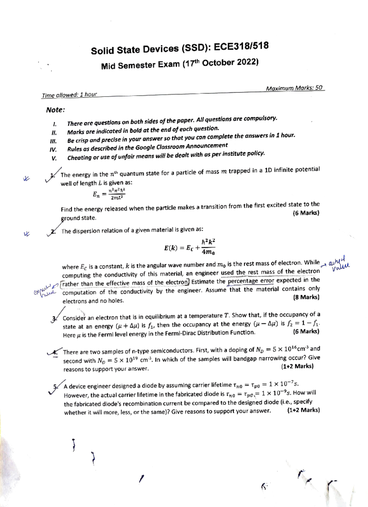 SSD midsem paper - Solid State Devices (SSD): ECE318/ Mid Semester Exam ...