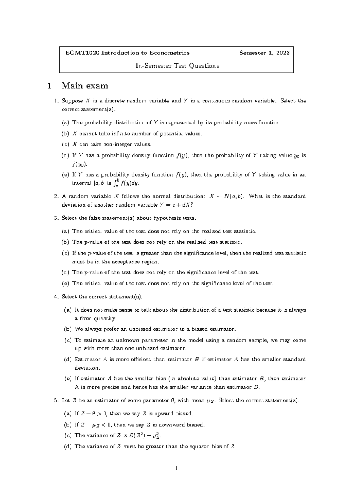 ECMT1020 2023S1 midterm questions - ECMT1020 Introduction to Econometrics Semester 1, 2023 - Studocu