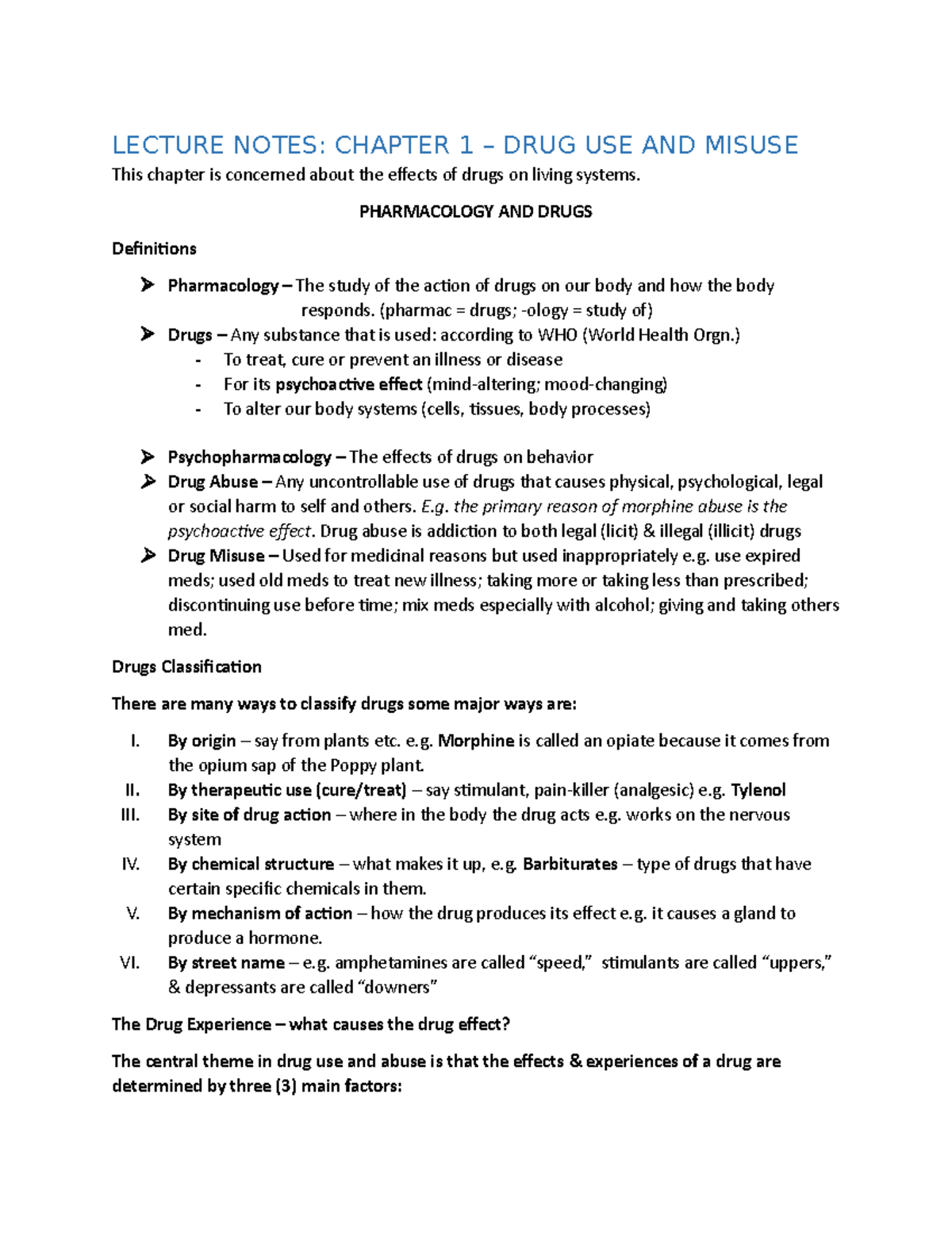 Chapter 1 - Drug and behavior lecture notes - LECTURE NOTES: CHAPTER 1 ...