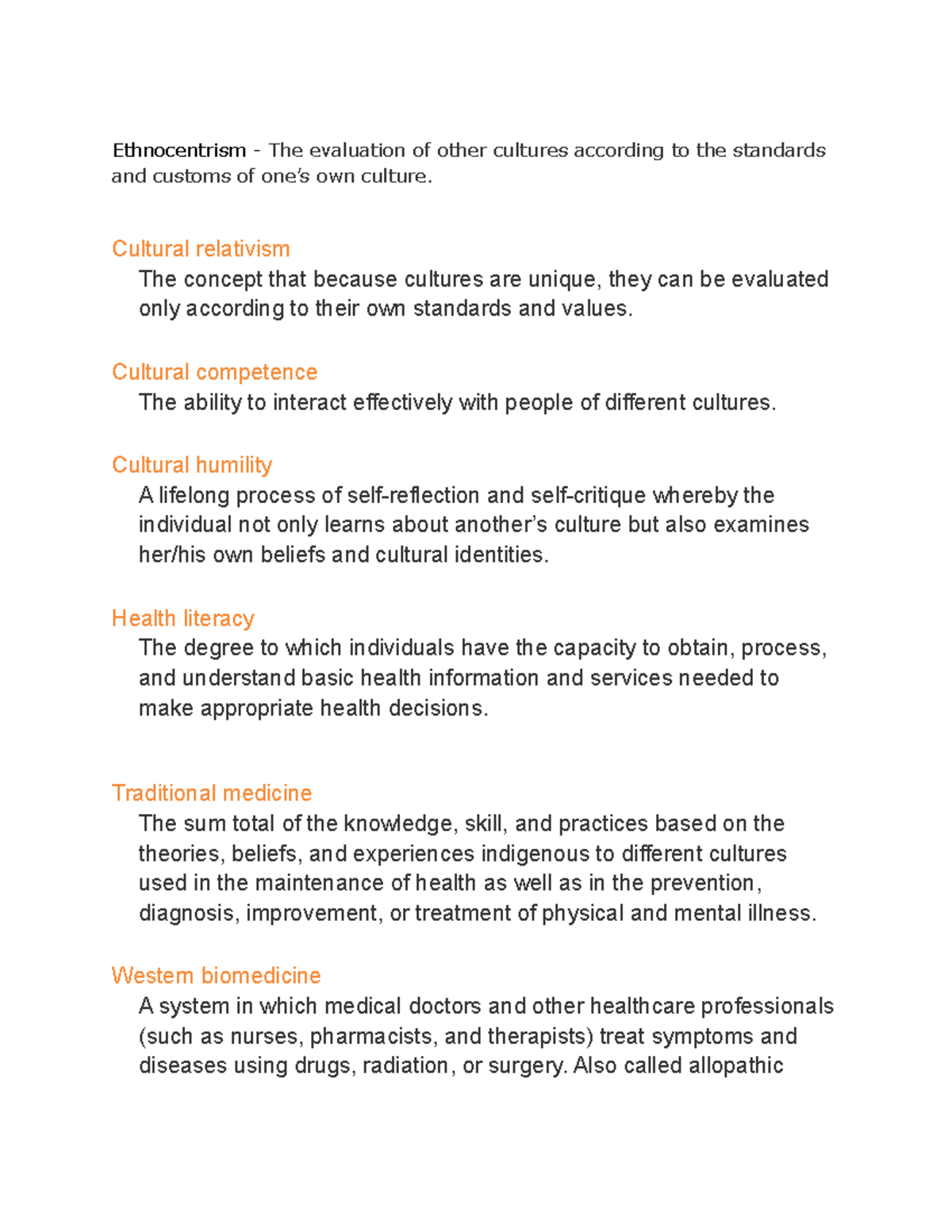 Global Health Study Guide - Ethnocentrism - The evaluation of other ...