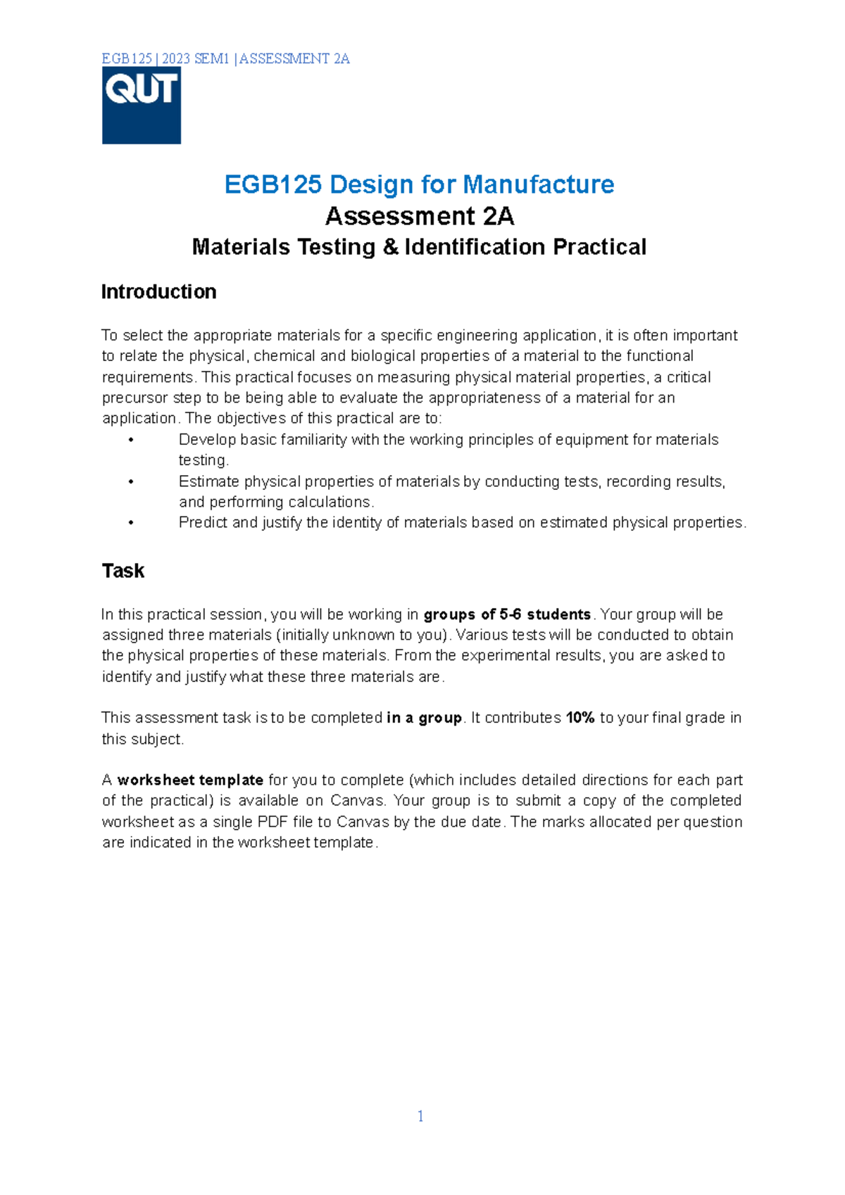 EGB125 Assessment 2A Instructions - EGB125 | 2023 SEM1 | ASSESSMENT 2A ...
