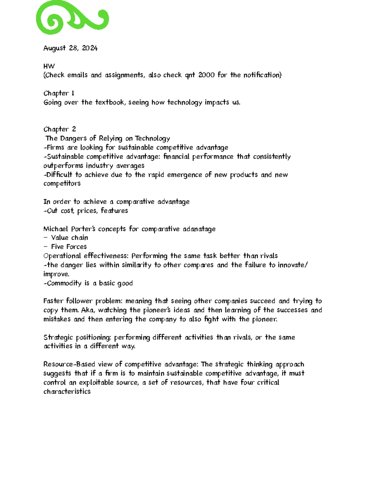 CIS 2000 Notes - Chapters 1 to 4 - August 28, 2024 HW (Check emails and ...