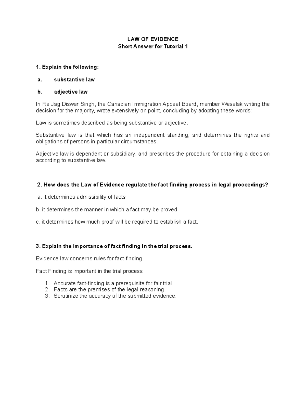 Tutorial 1 - rtegrhetetry - Law of Evidence I - MMU - Studocu
