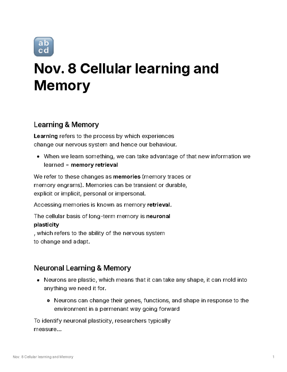 Cellular learning and Memory - 🔡 Nov. 8 Cellular learning and Memory Learning & Memory Learning ...