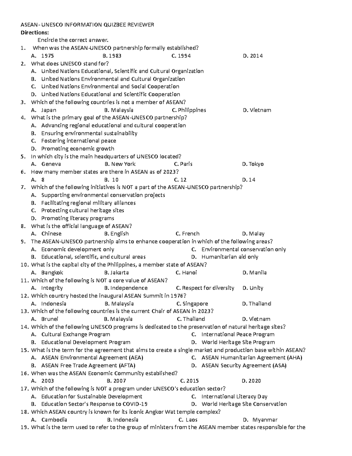 Asean Reviewer - Directions: Encircle the correct answer. When was the ...