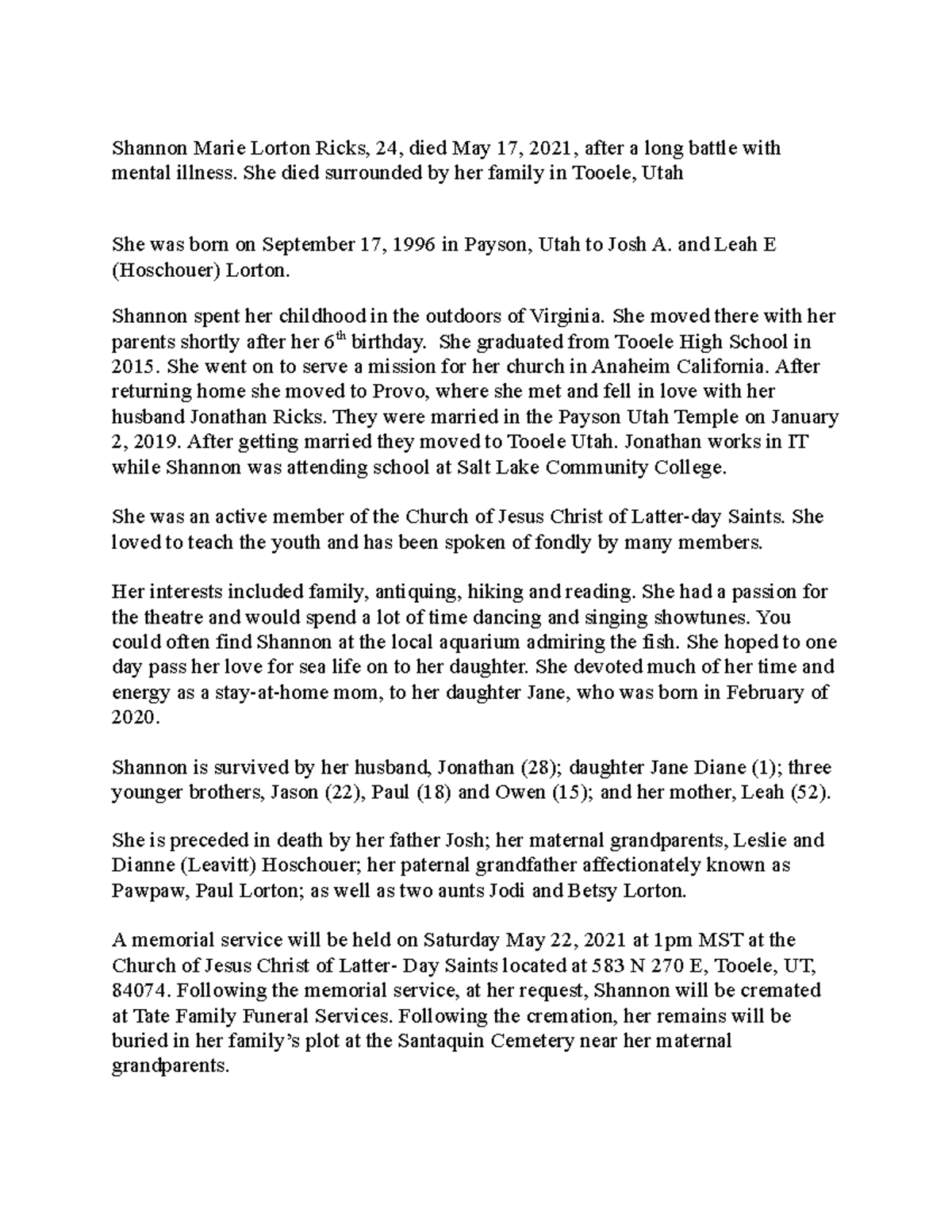 Shannon's obituart - A fake obituary for a living person. Assignment ...