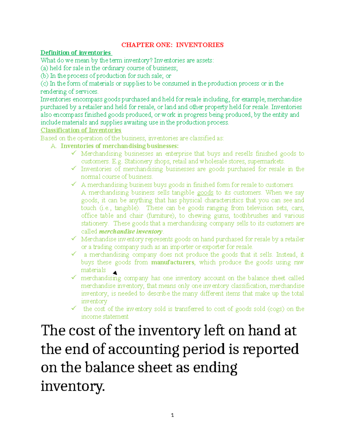 Accounting II CH1 - CHAPTER ONE: INVENTORIES Definition of inventories ...