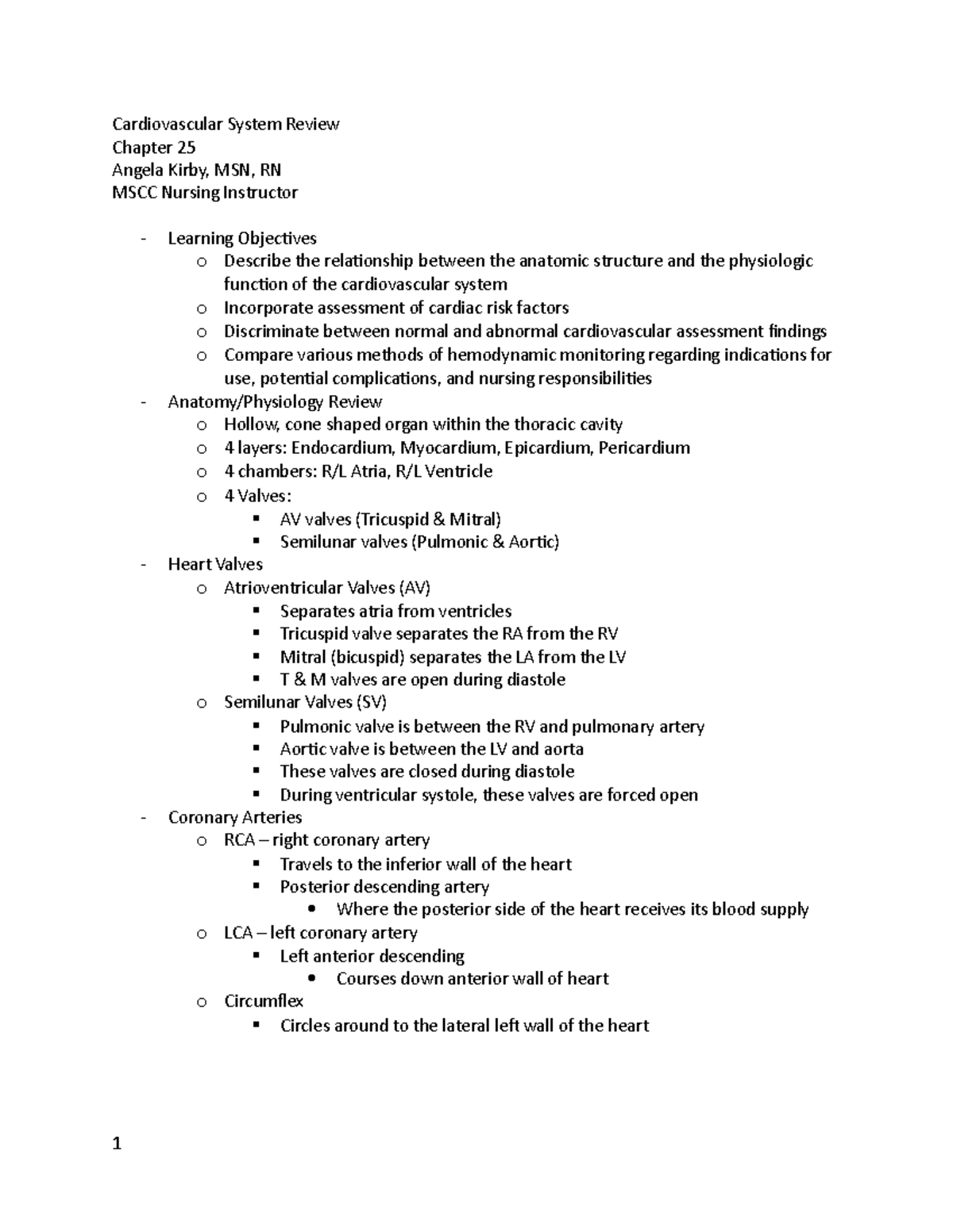 Cardiovascular System 1 outline - Cardiovascular System Review Chapter ...