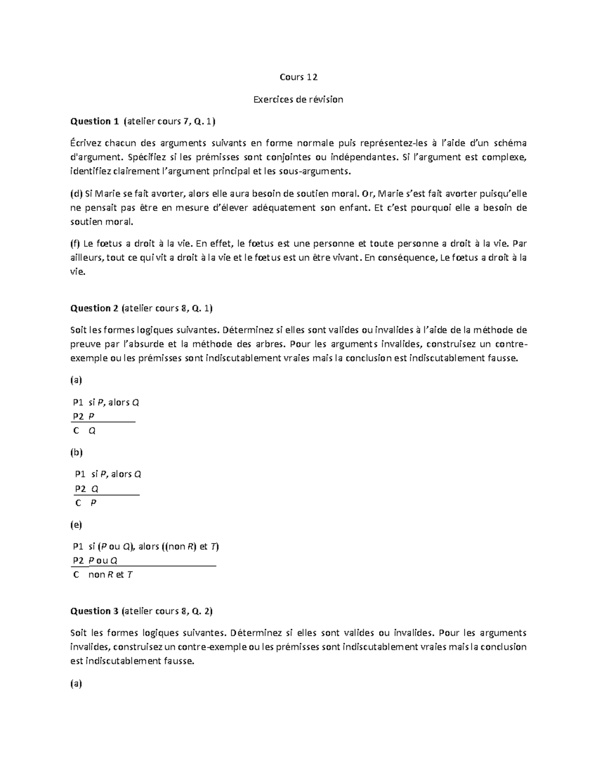 Cours 12 Exo revision - atelier pratique - Cours 12 Exercices de révision Question 1 (atelier ...
