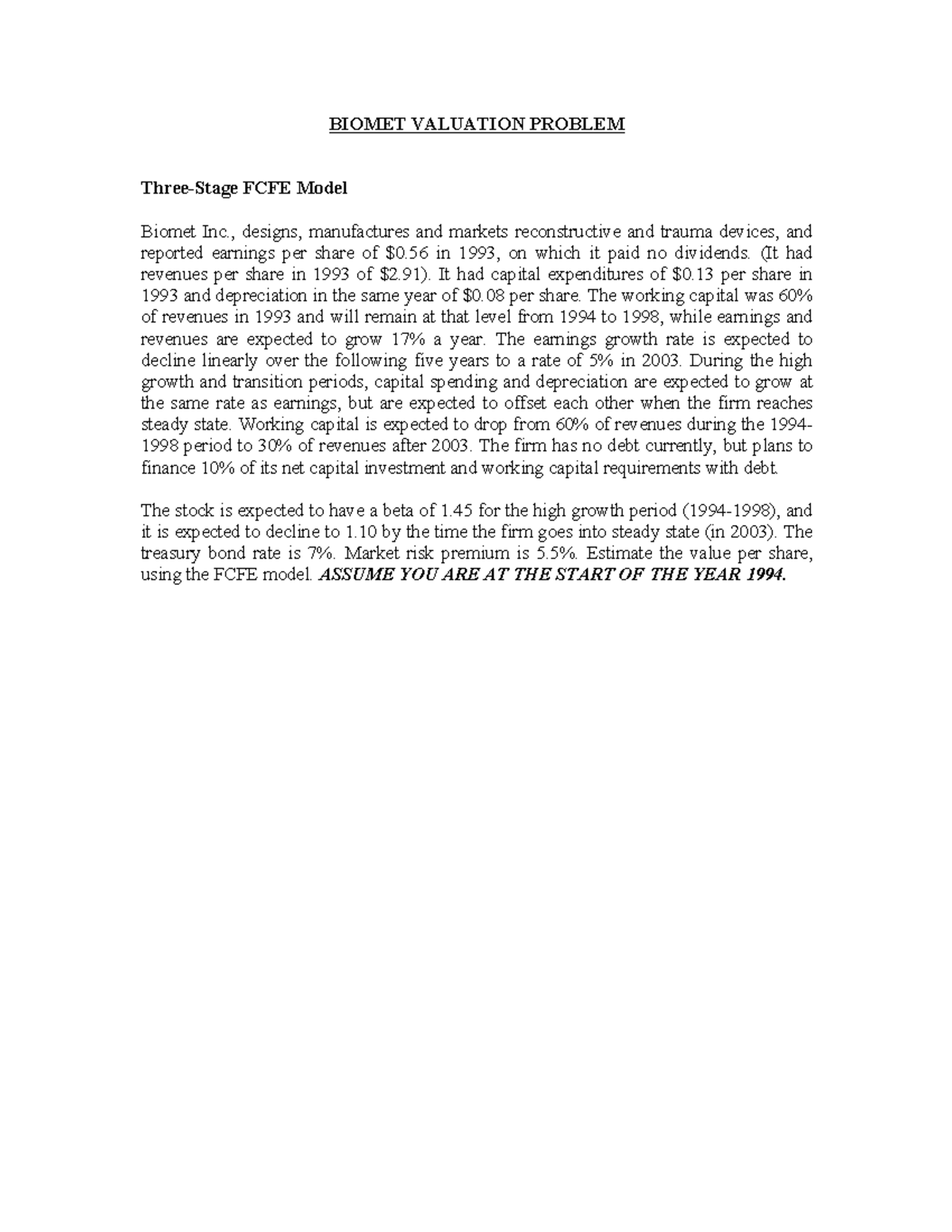 Biomet Valuation Problem-1 - BIOMET VALUATION PROBLEM Three-Stage FCFE ...