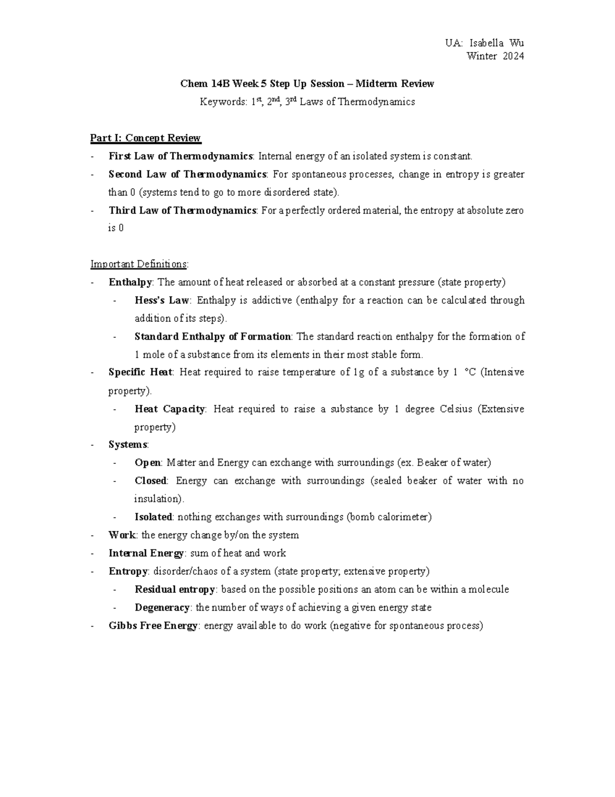 [answer] Chem 14b W24 Week 6 Step Up Isabella Winter 2024 Chem 14b Week 5 Step Up Session
