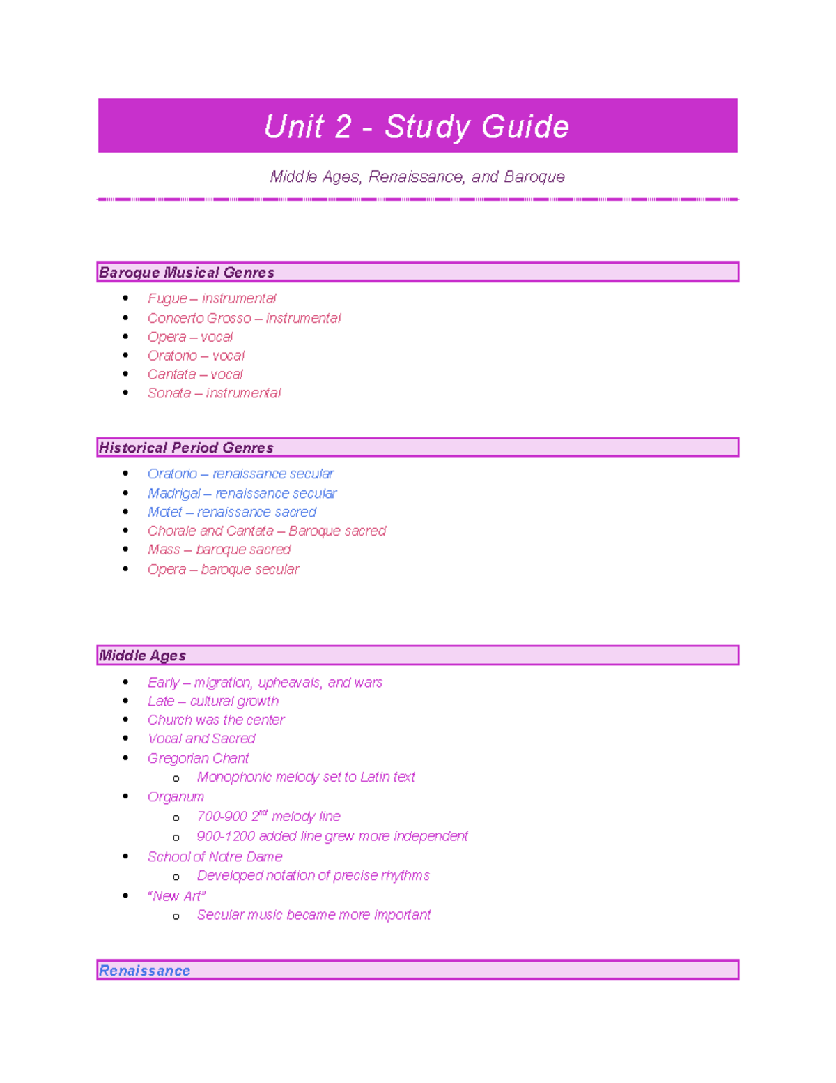 MUS 105 - Unit 2 Study Guide - Unit 2 - Study Guide Middle Ages ...