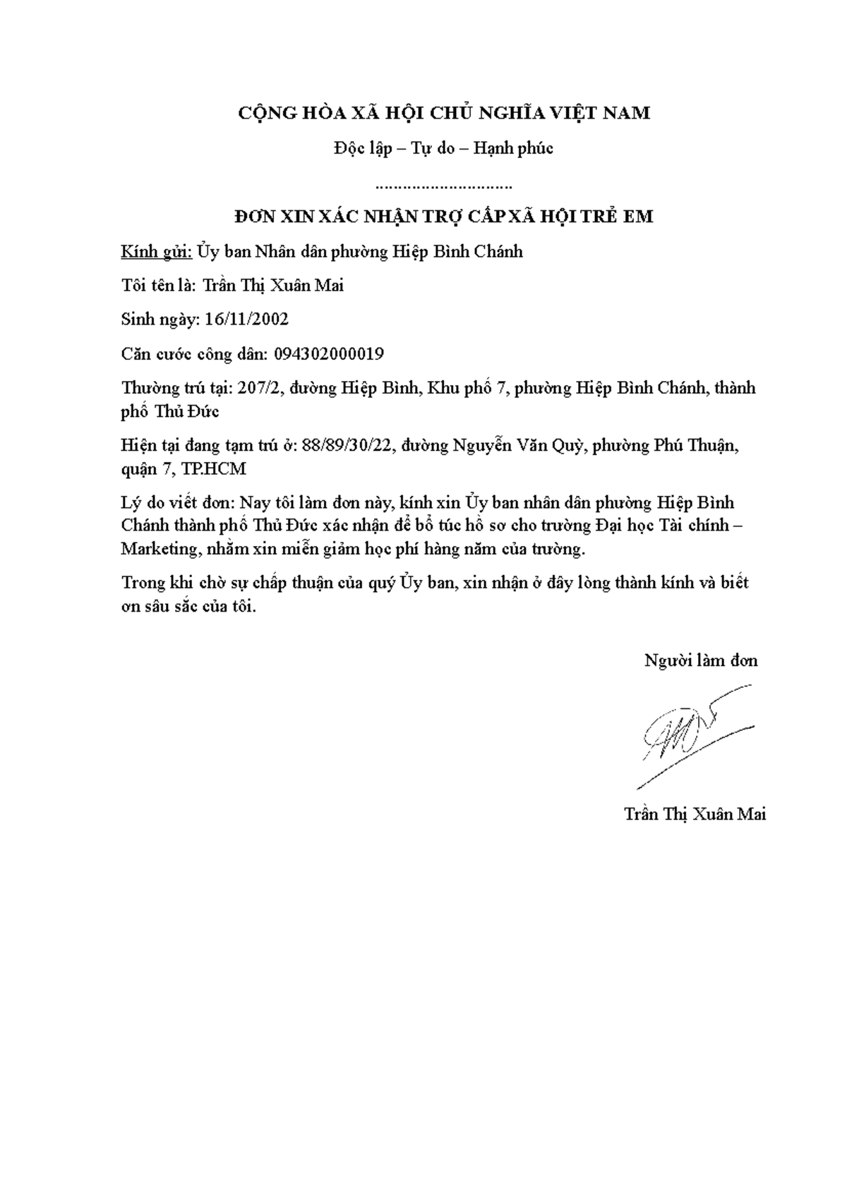 ĐƠN XIN MIỄN GIẢM HỌC PHÍ - CỘNG HÒA XÃ HỘI CHỦ NGHĨA VIỆT NAM Độc lập ...