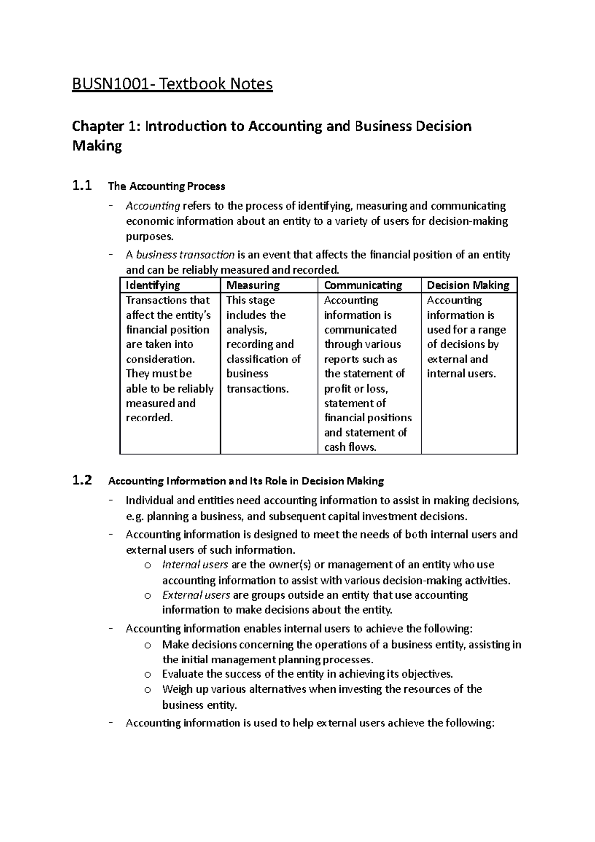 BUSN1001- Notes - BUSN1001- Textbook Notes Chapter 1: Introduction to ...