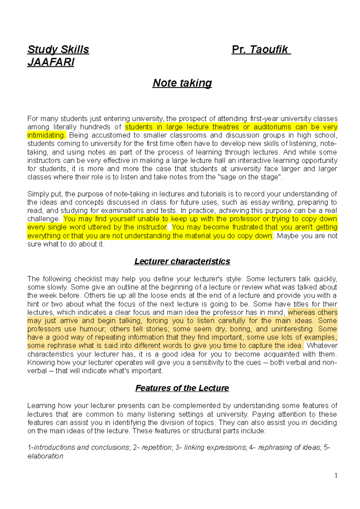 Note taking . STUDY SKILLS - Study Skills Pr. Taoufik JAAFARI Note ...