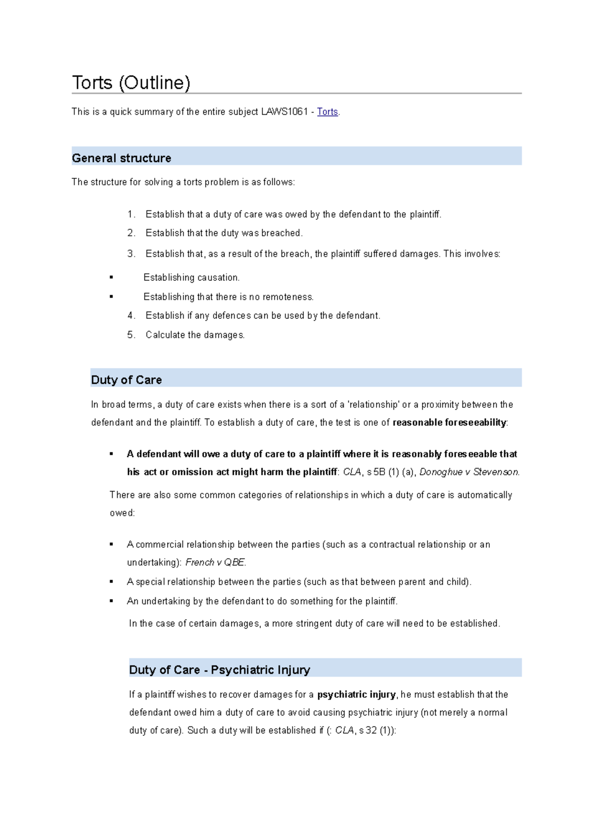 Torts - lecture notes - Torts (Outline) This is a quick summary of the ...