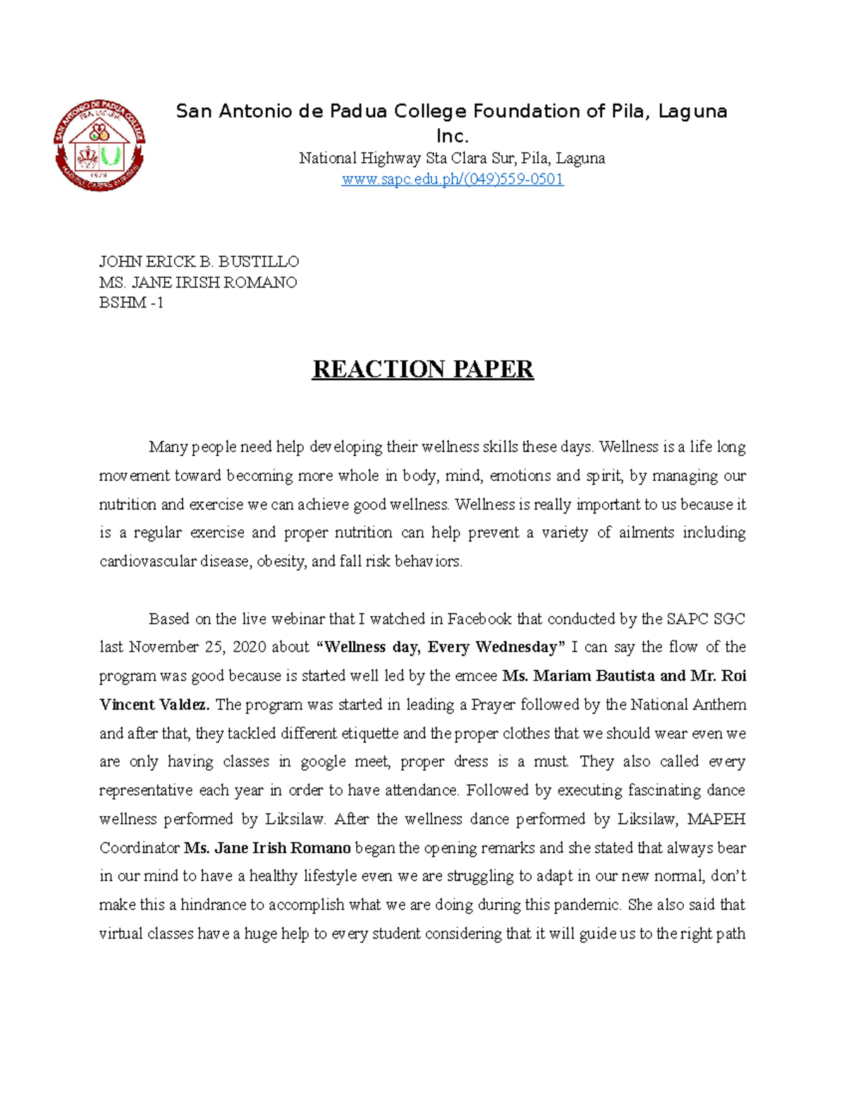 Reaction Paper - Lecture - San Antonio de Padua College Foundation of ...