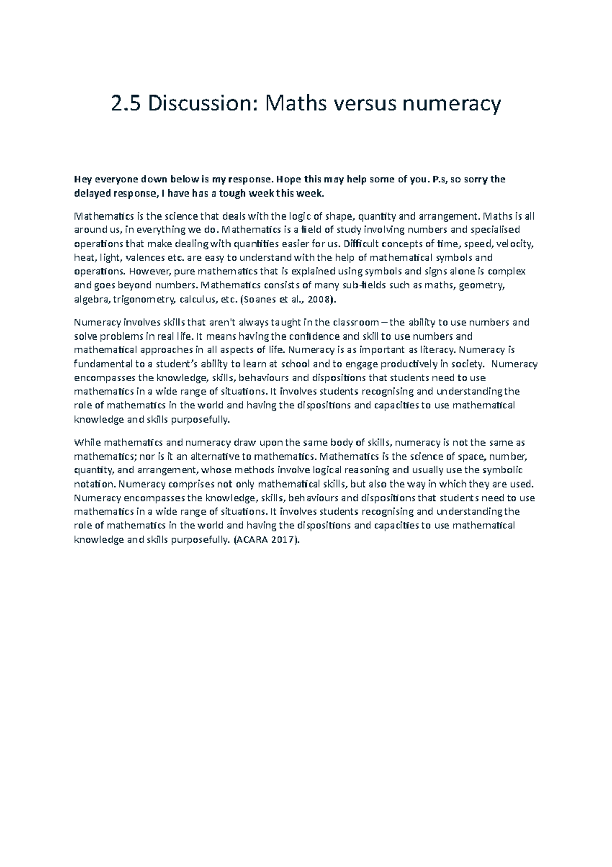 2.5 Discussion- Maths versus numeracy - 2 Discussion: Maths versus ...