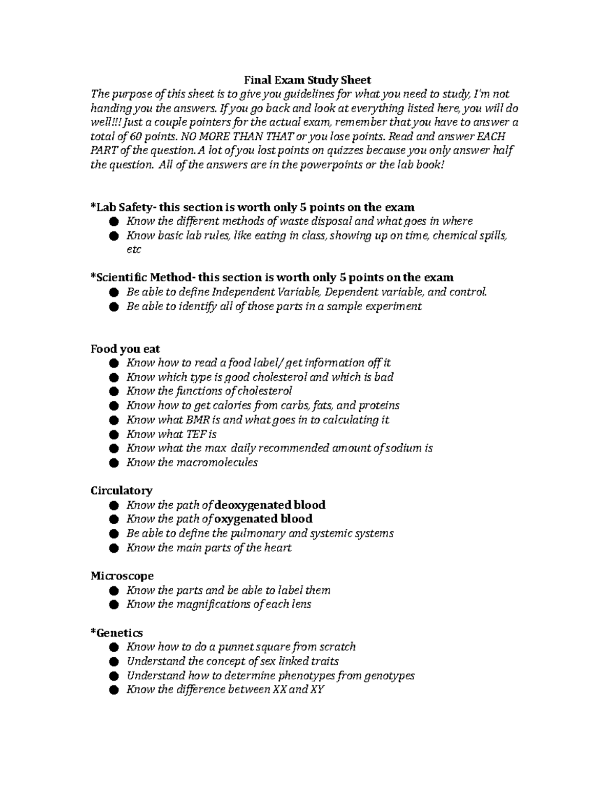Exam+Study+Sheet+Life+Science - Final Exam Study Sheet The purpose of ...