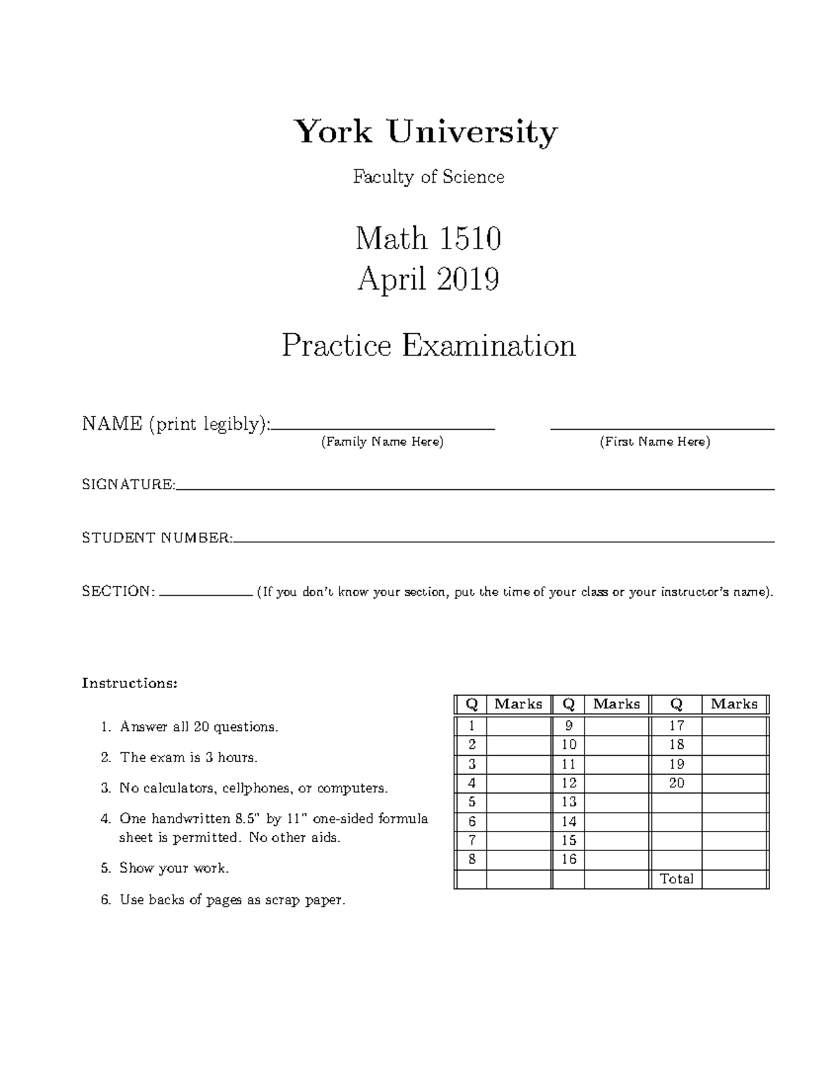 Math 1510 april 2019 practice exam - York University Faculty of Science ...