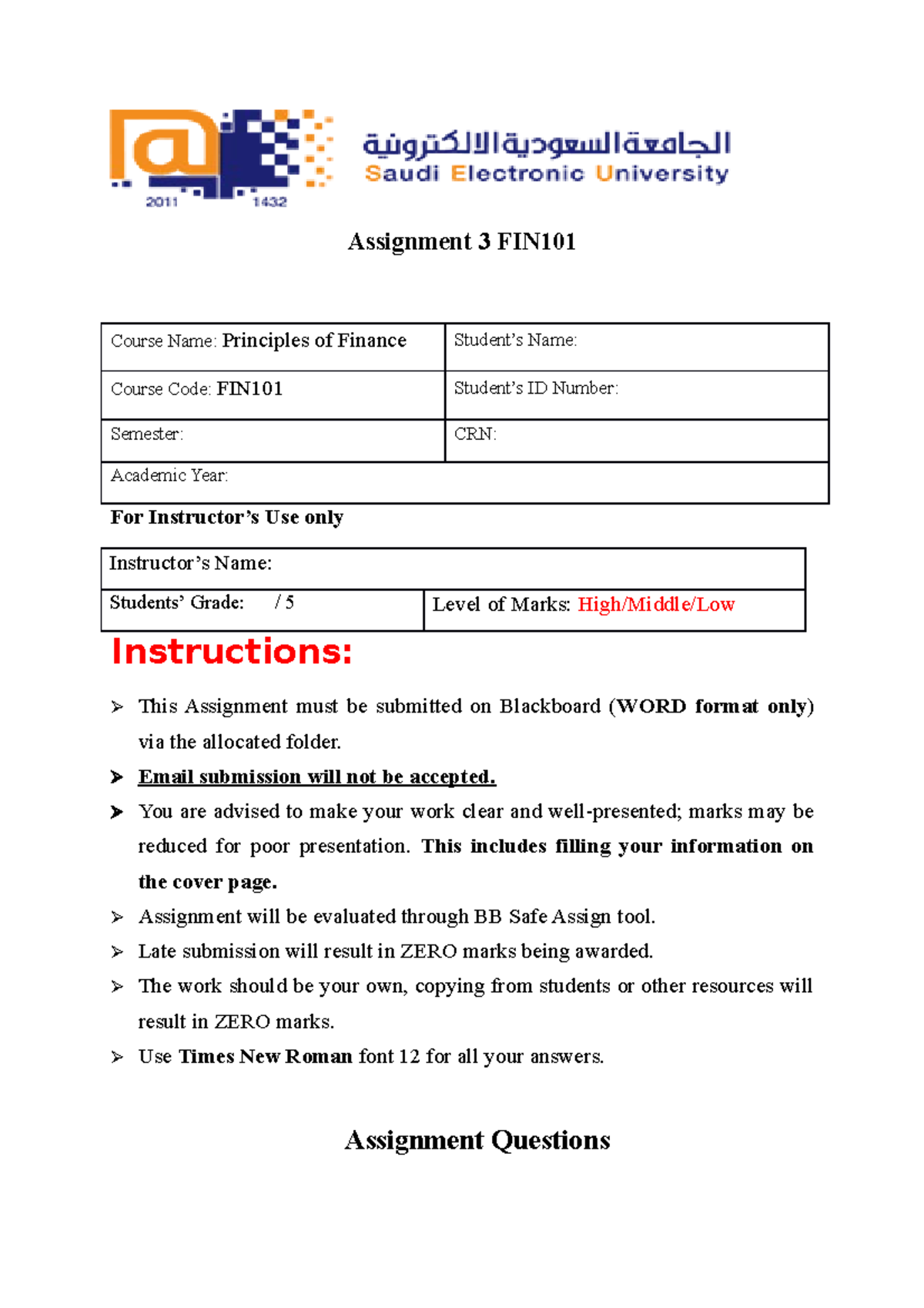 Assignment 3 FIN101 - Assignment 3 FIN Course Name: Principles of ...