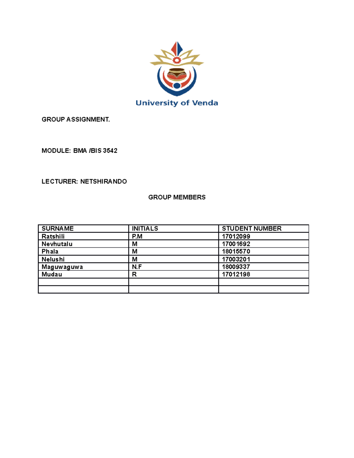 BIS Project Management Assignment - GROUP ASSIGNMENT. MODULE: BMA /BIS ...