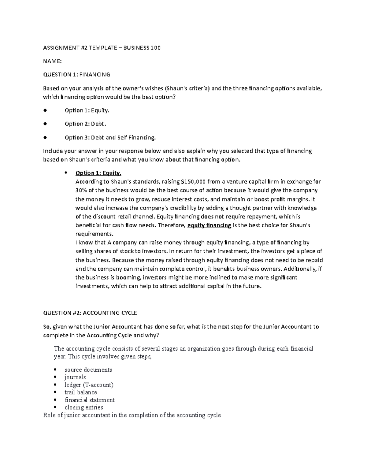 BUS100 - Assignment 2 - Professor: Kathleen Thompson - ASSIGNMENT #2 TEMPLATE – BUSINESS 100 ...