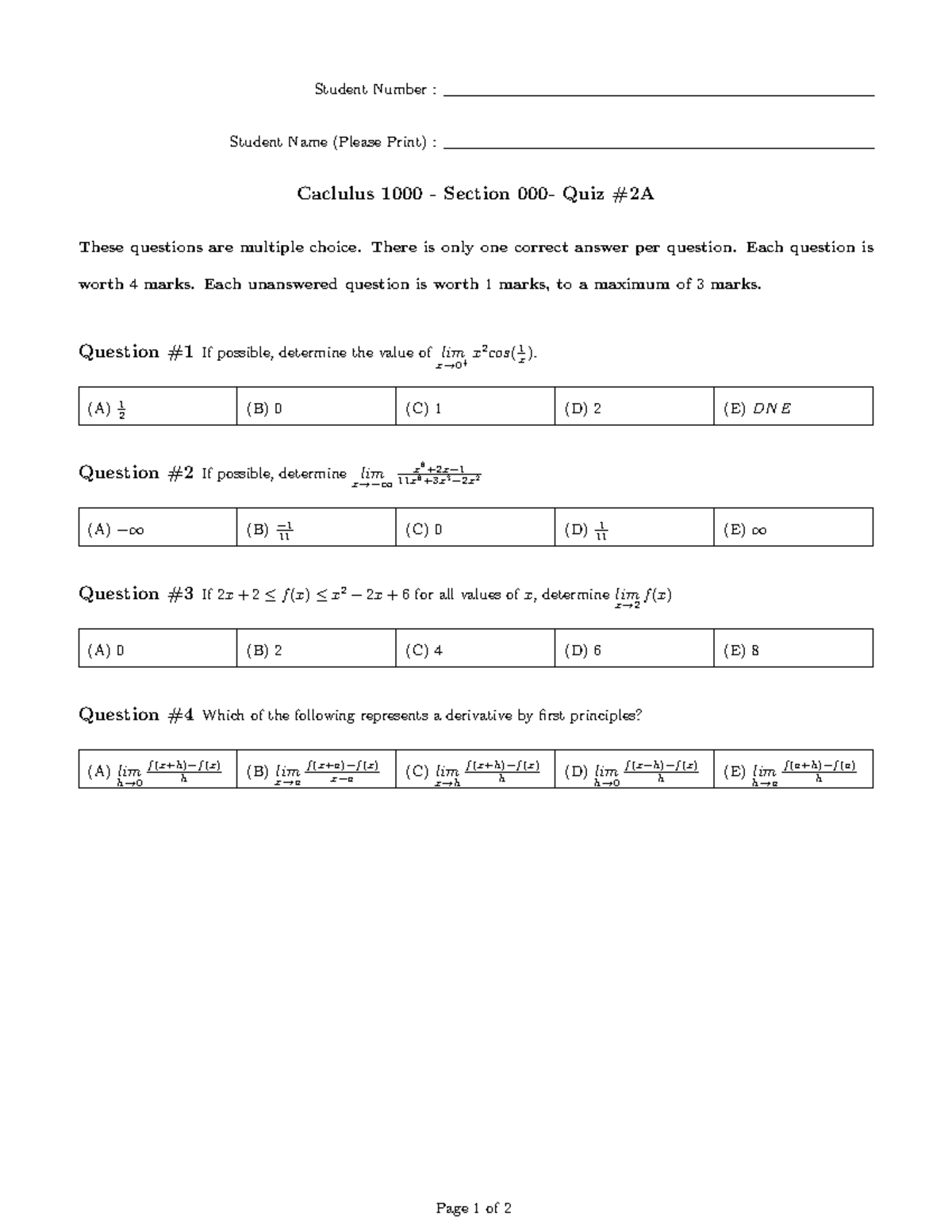 Calculus Quiz 2 - Student Number : Student Name (Please Print ...