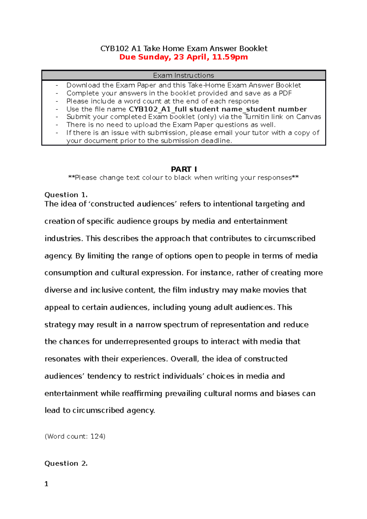 CYB102 A1 Take Home Exam Answer Booklet - If there is an issue with ...