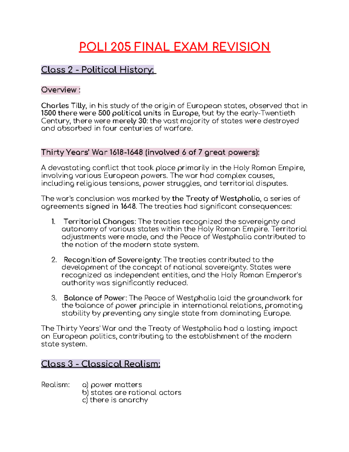 POLI 205 Final EXAM Revision - POLI 205 FINAL EXAM REVISION Class 2 - Political History ...