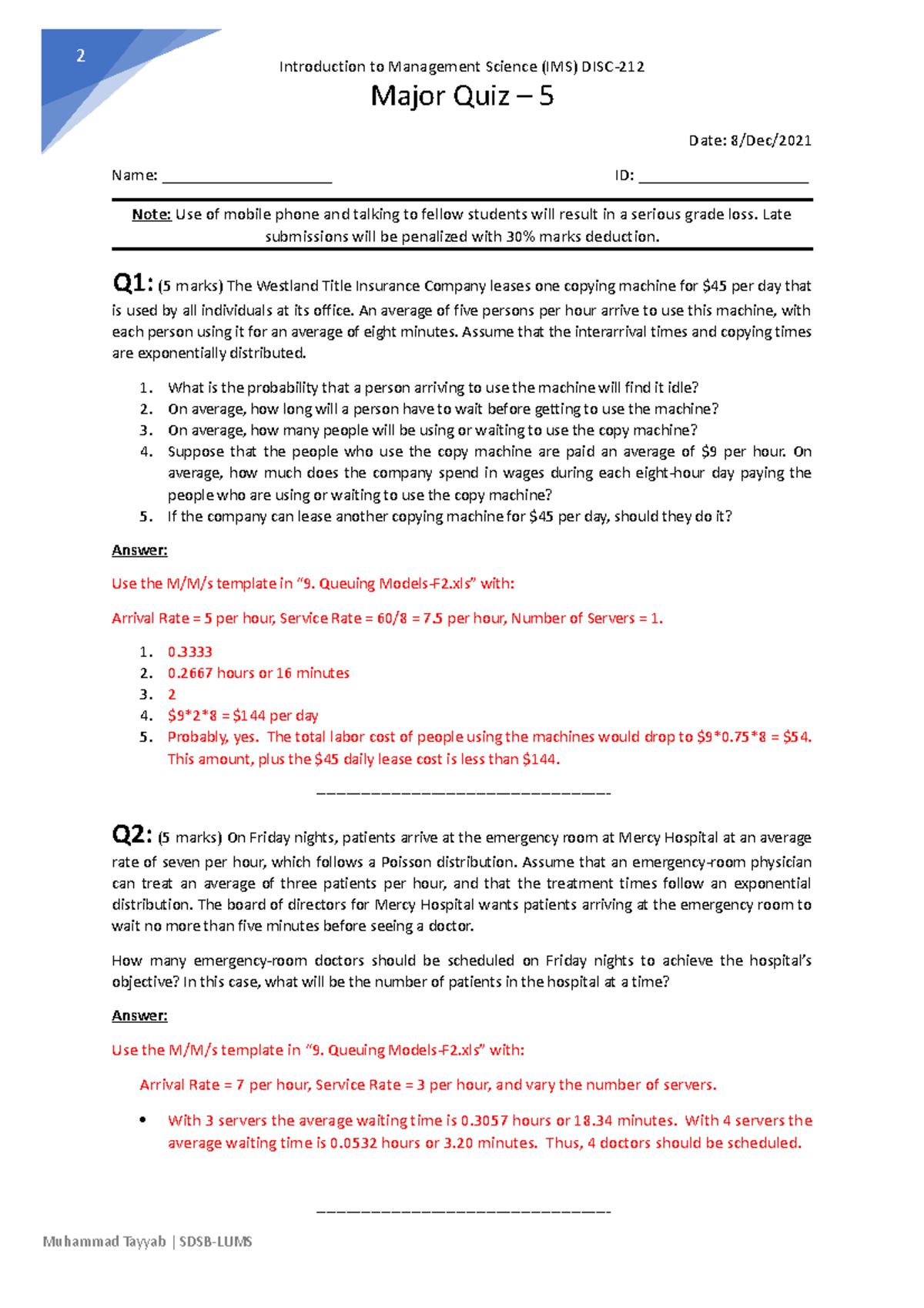 Quiz-3A Solution - Quiz - 2 Muhammad Tayyab | SDSB-LUMS Introduction to ...
