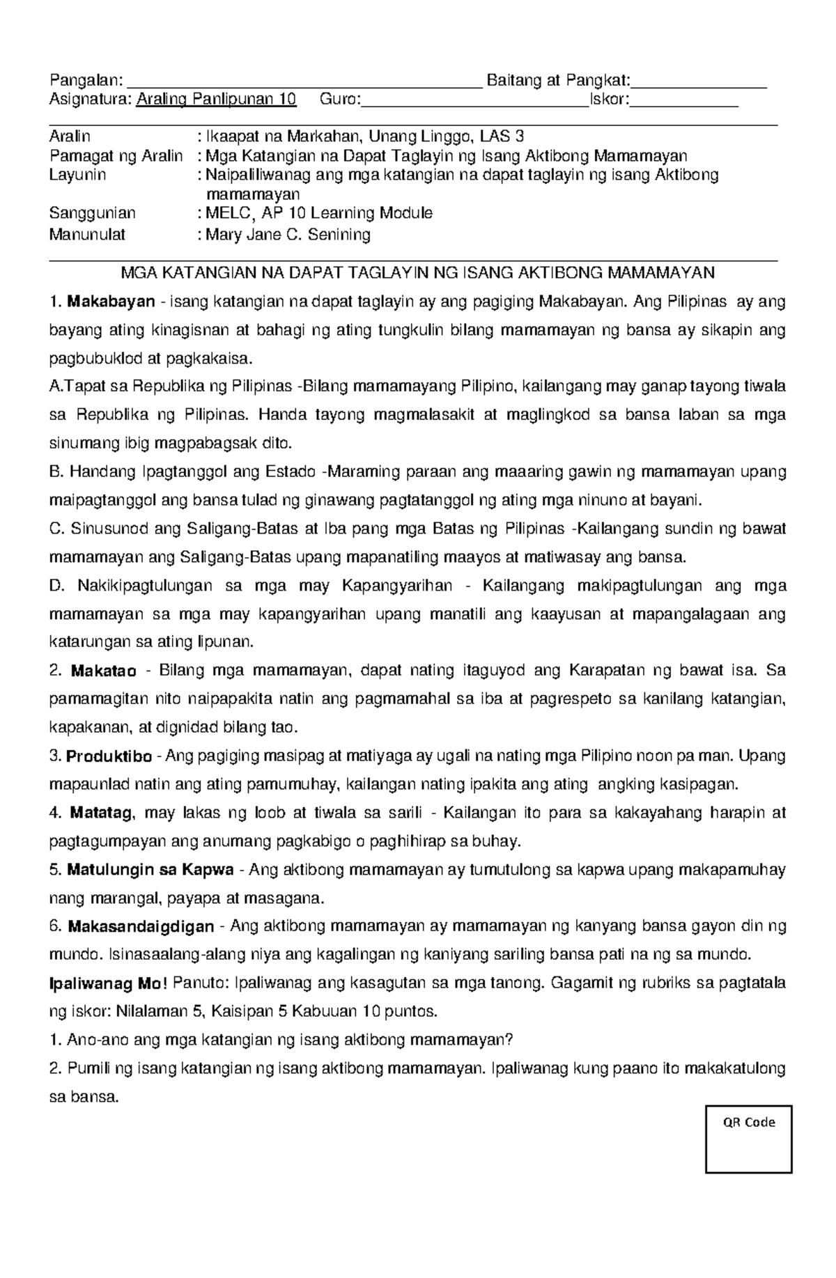 AP10 Q4 W1 LAS3 - LAS - Pangalan: _______________________________________ Baitang at - Studocu